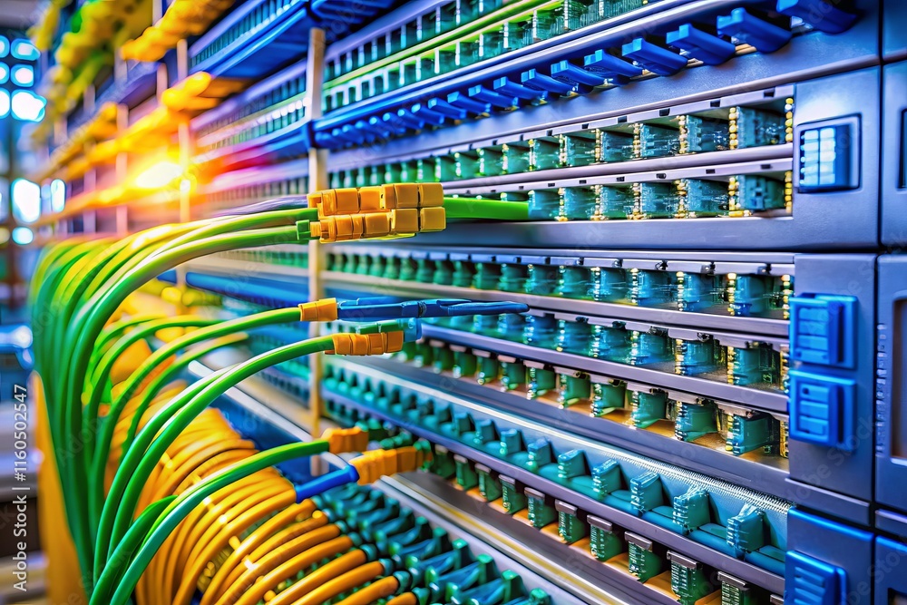 Server Rack Close-Up: Fiber Optic Cables Connected to Front Panel ...