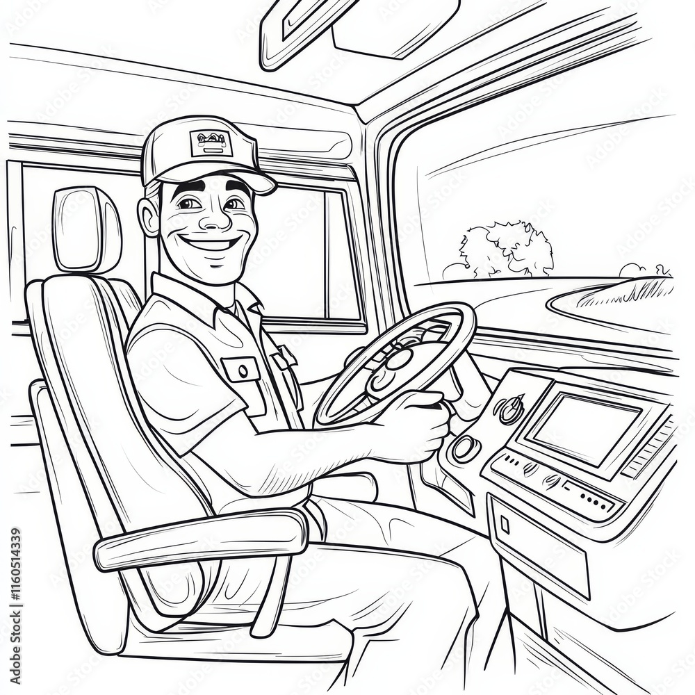 Happy Trucker: A cheerful truck driver smiles from behind the wheel of ...