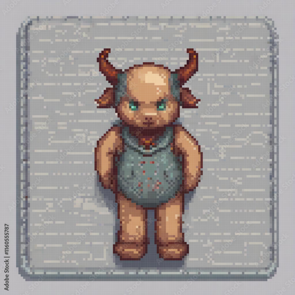 Pixel art image humanoid figure horns red jacket blue hat standing grey ...
