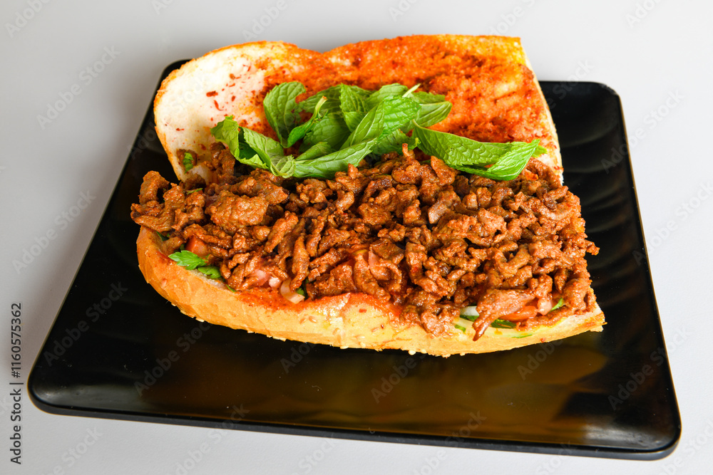 Meat, chicken shawarma kebab with yogurt and fried butter sauce ...