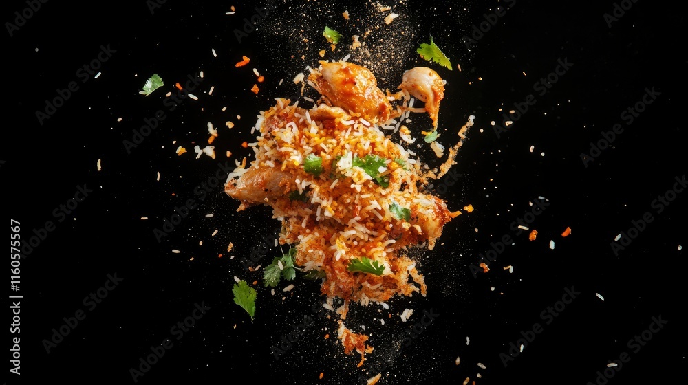 Arabic chicken biryani, Spicy chicken biryani food photography, flying ...