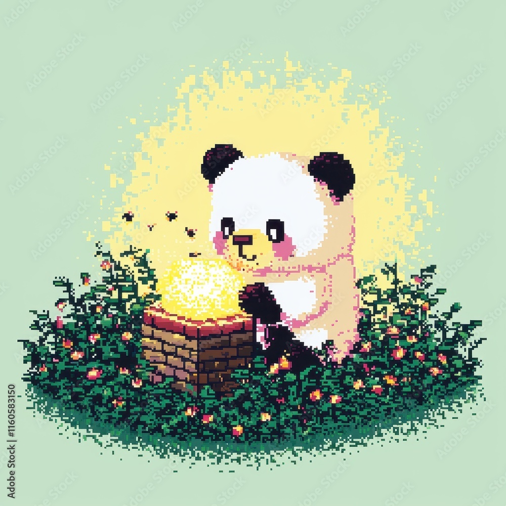 A charming 8-bit pixel art of a glowing pixelated bear cub playing with ...
