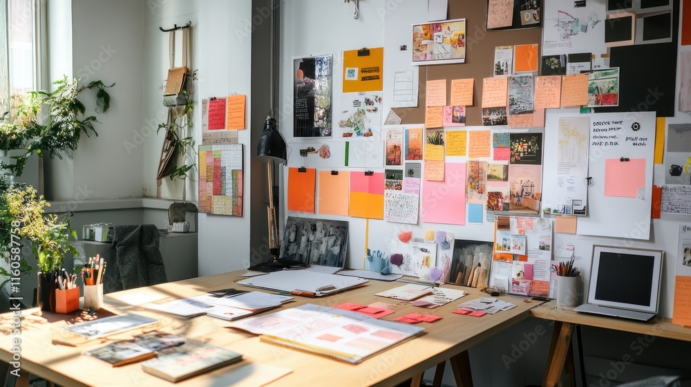 Sunlit workspace with a large mood board and desk displaying design ...