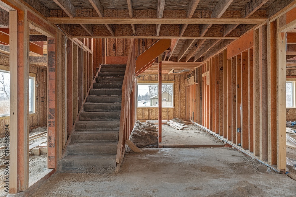 Unfinished house interior with concrete stairs. Illustrates new home ...
