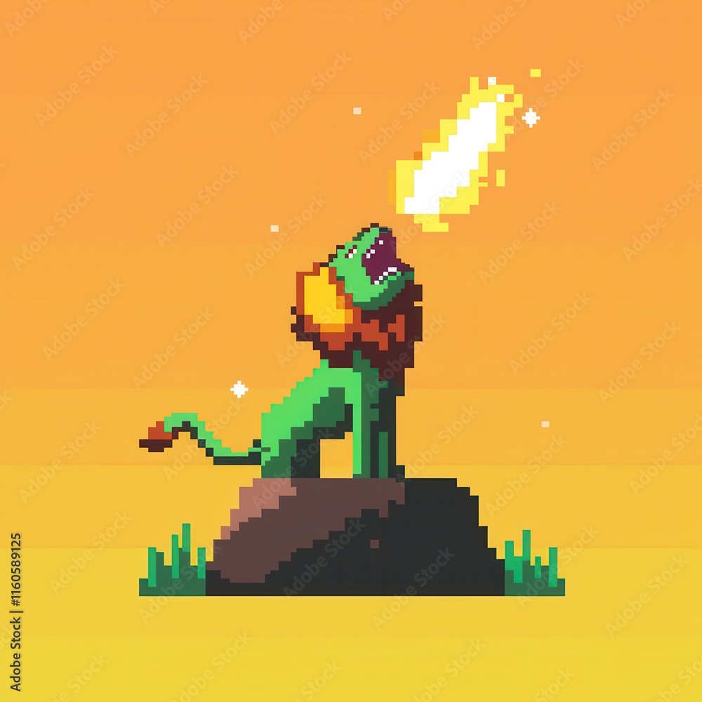 An intricate 8-bit pixel art of a glowing pixelated lion roaring on a ...