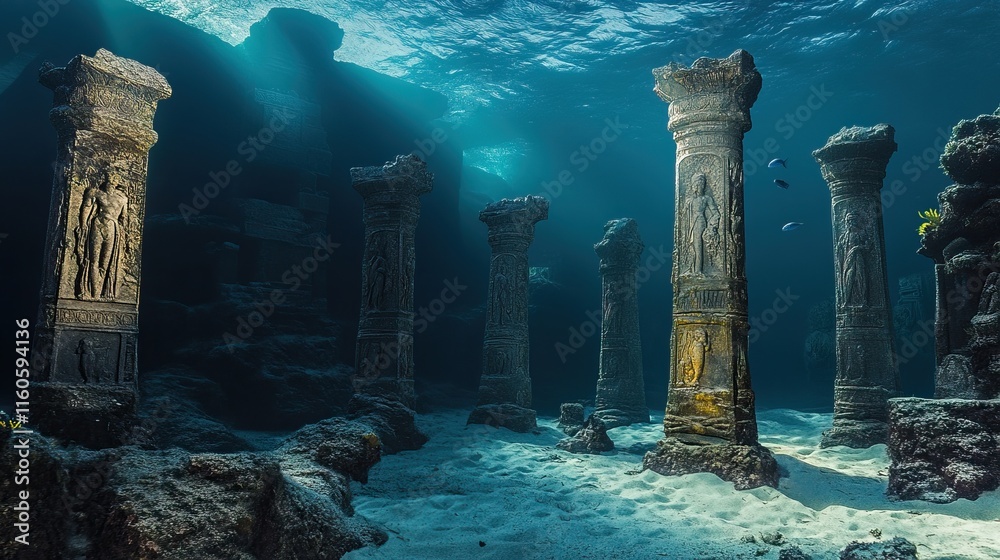 Ancient underwater ruins, partially buried in sand, overgrown with ...