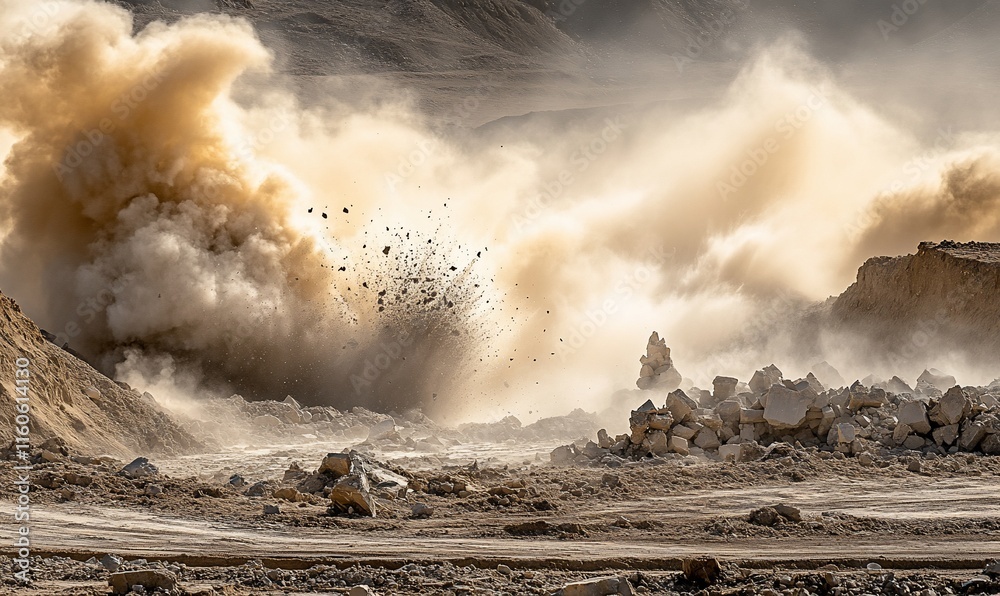 Massive dust cloud from quarry blasting. Stock Illustration | Adobe Stock
