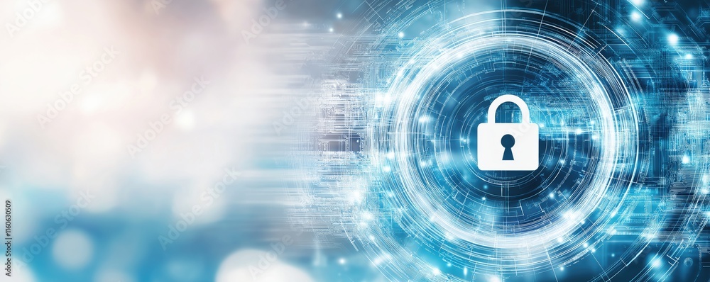 Cybersecurity lock icon in glowing blue digital interface. Abstract ...