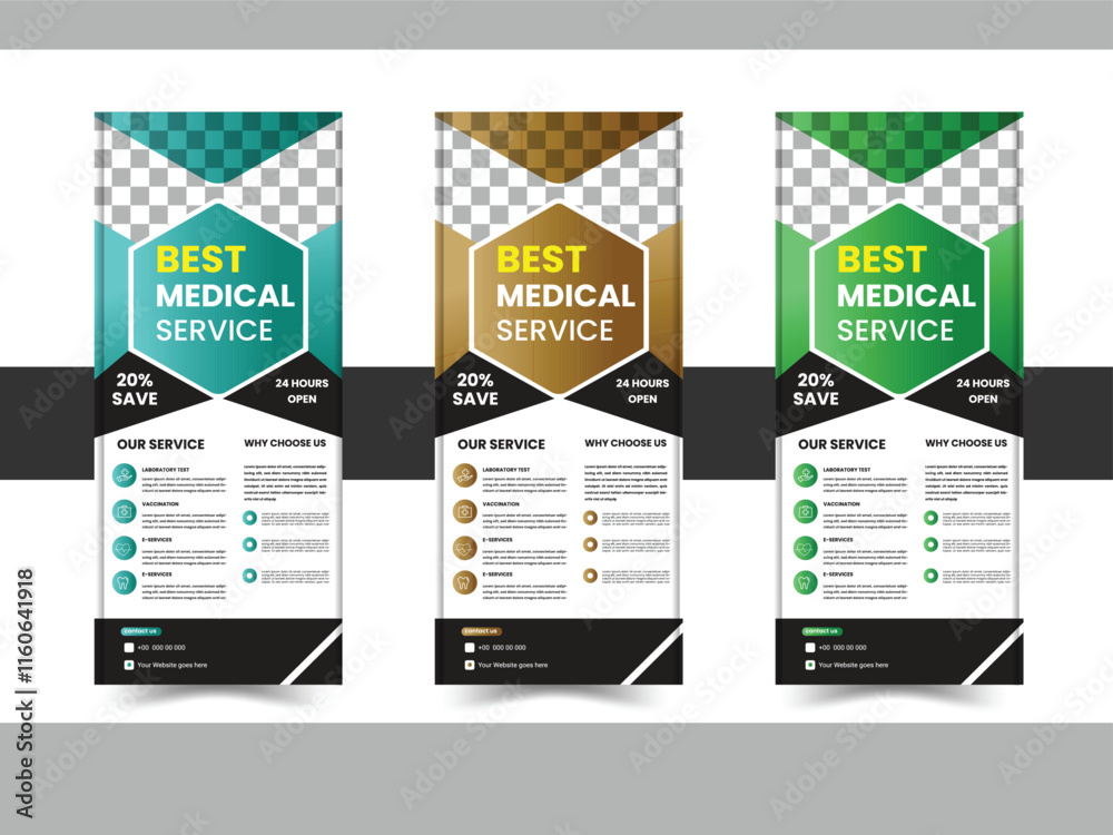 Professional health care and medical agency roll up design, standee ...