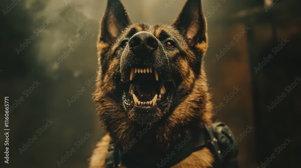 Police dog snarling with intensity while on duty in a dark environment ...
