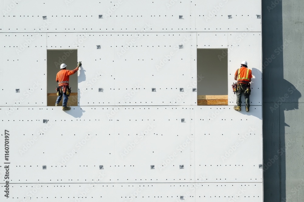 Construction workers apply finishing touches to a wall while using ...