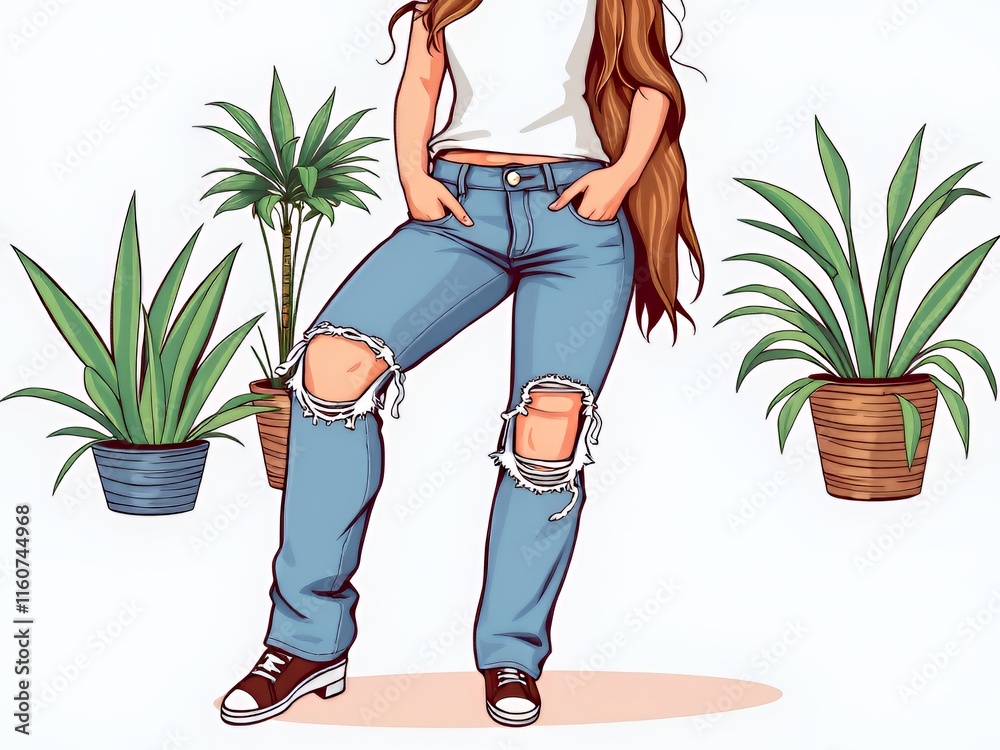 cartoon girl with long hair and jeans standing next to potted plants ...