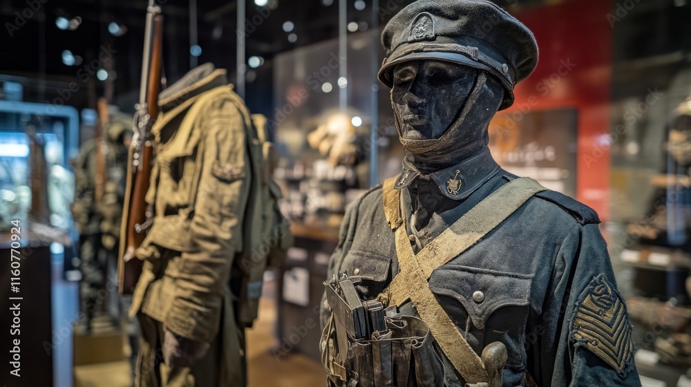 Foto de Stock Museum display of vintage military uniforms and equipment ...