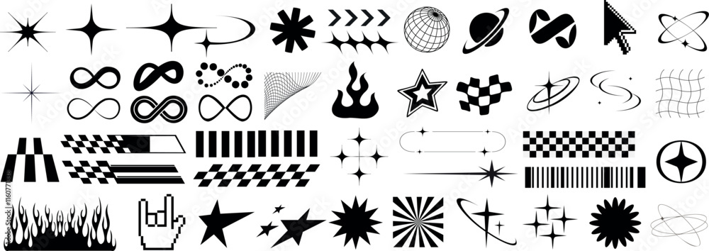 Y2K design element vector set, abstract symbols, infinity sign, star ...