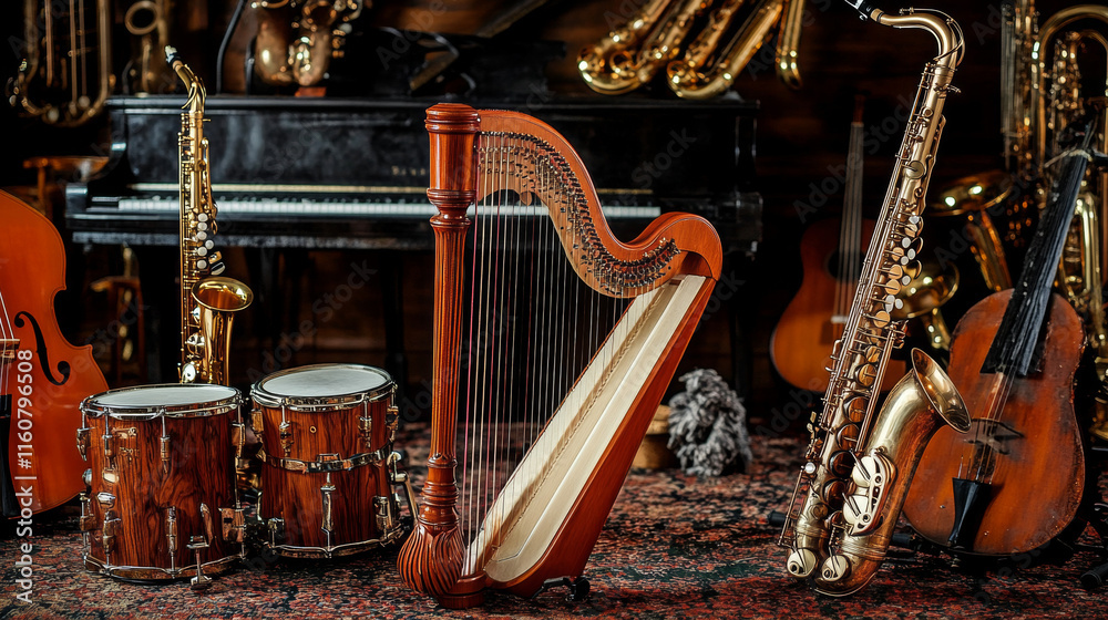Silhouette of musical instruments. Vector icons of harp, contrabass and ...