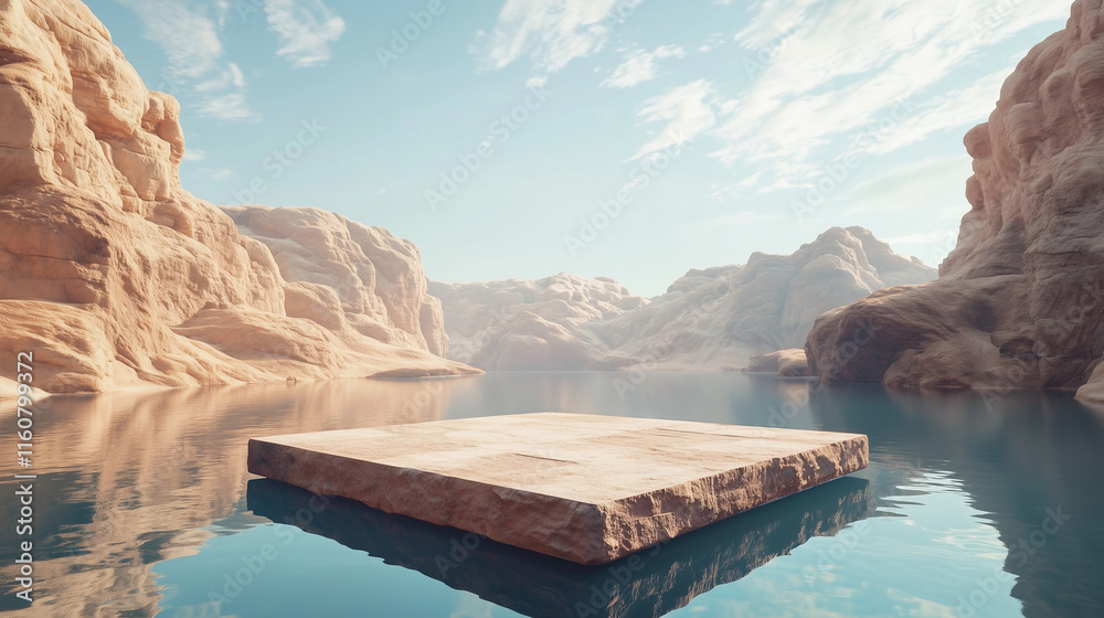 Surreal Floating Stone Platform Amidst Desert Lake, Sandstone Hills Backdrop, Low Angle Calm ...
