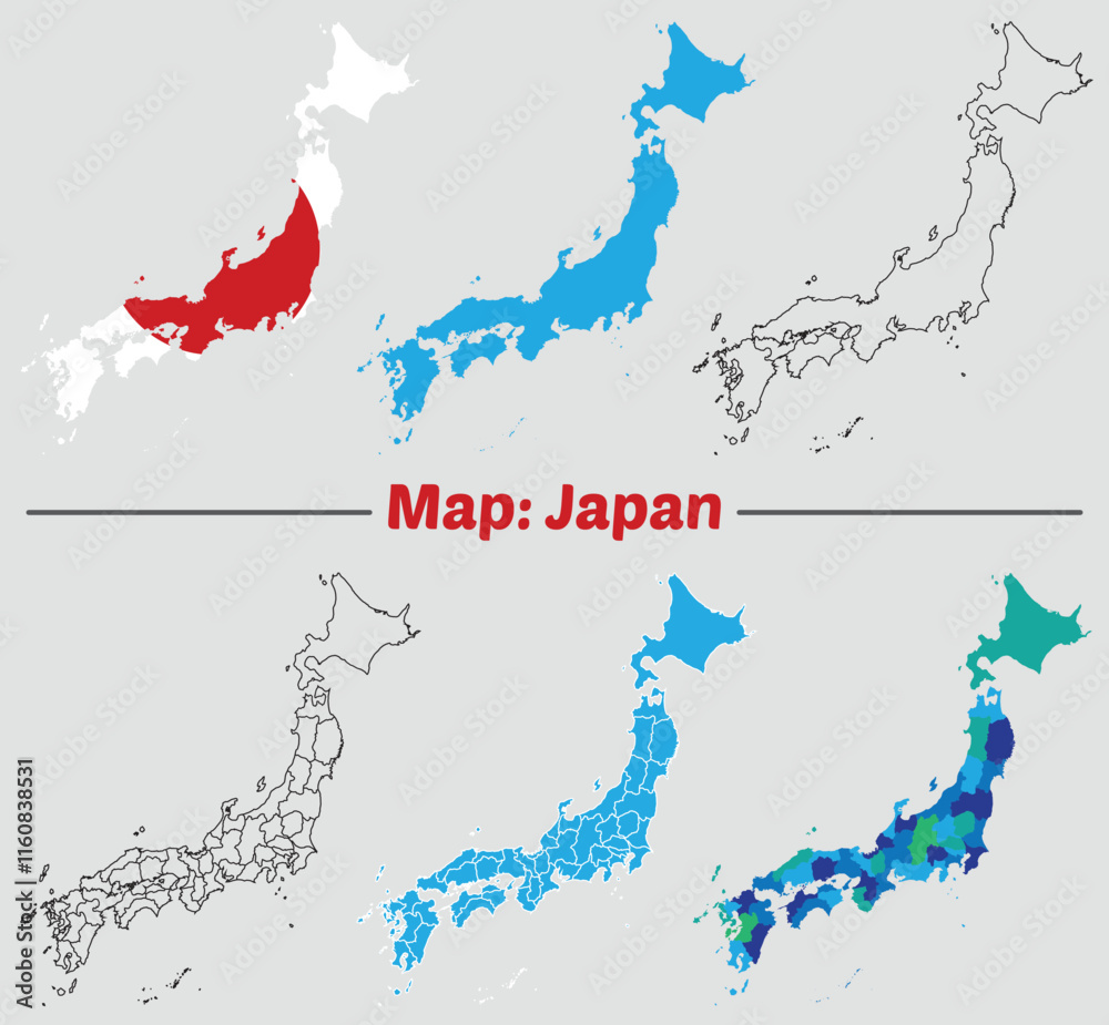 Japan country map set. internal provinces borders marked, Simple map of ...