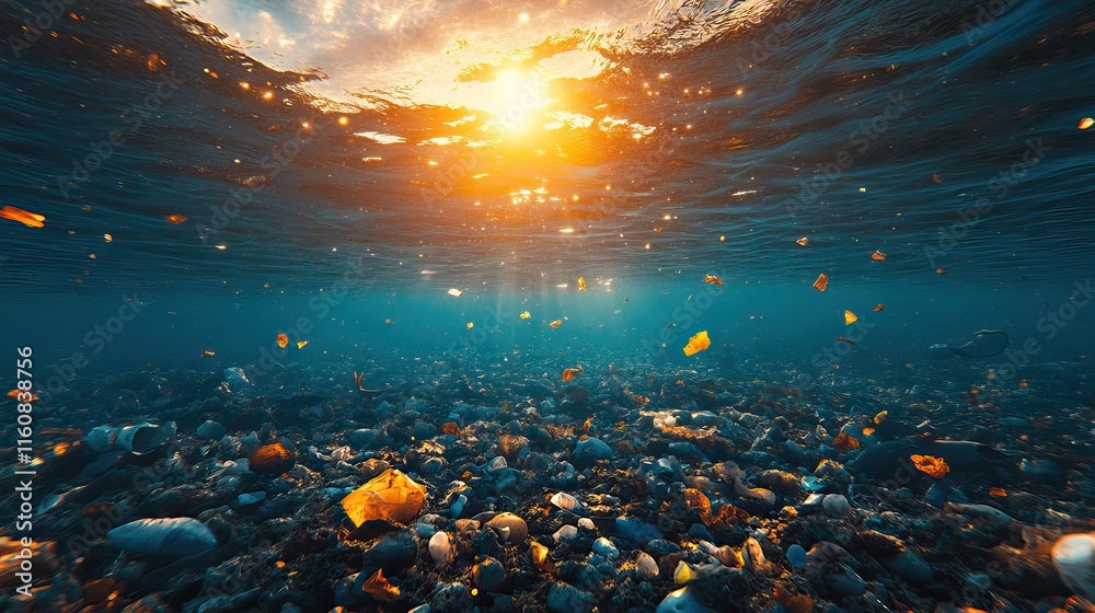 Ocean garbage floating underwater in dirty water, awareness background ...