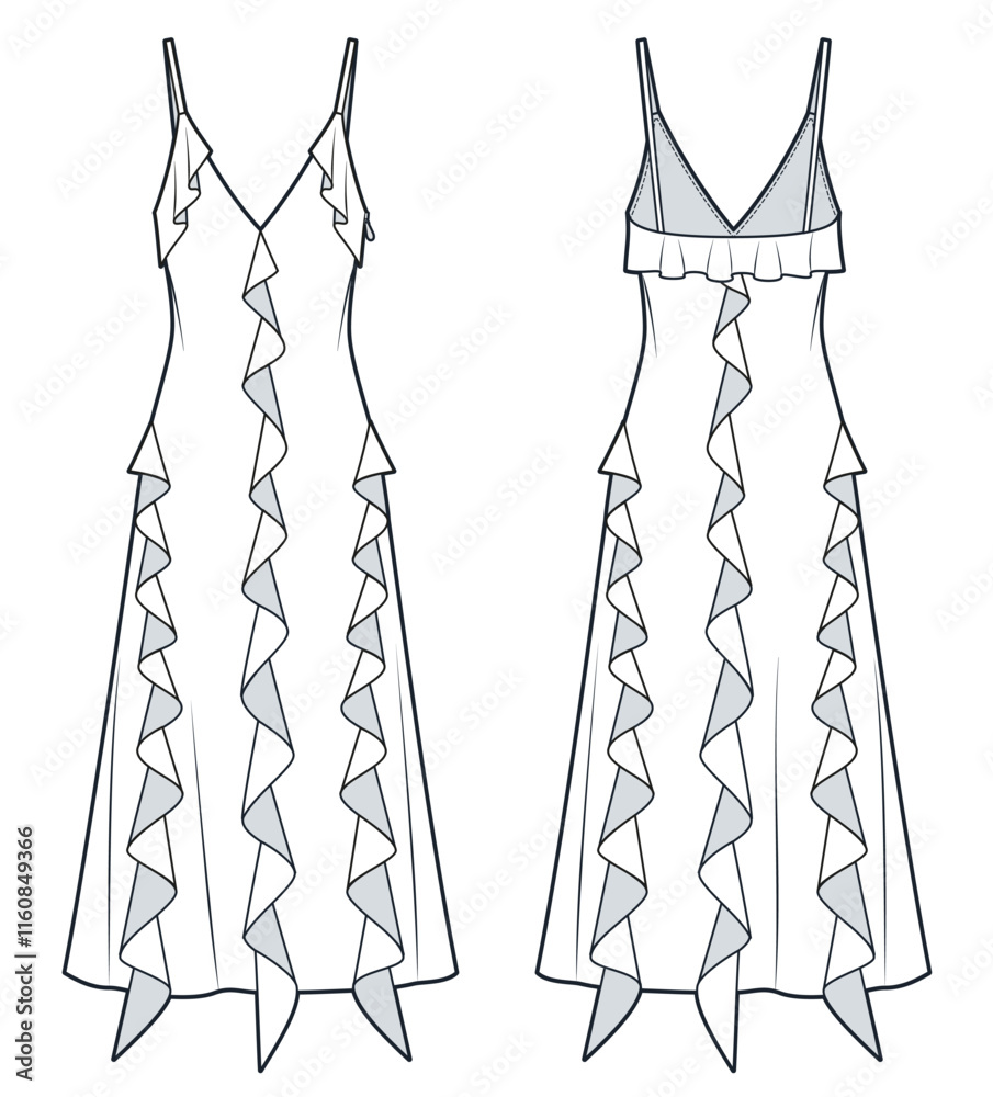 Ruffle Dress technical fashion illustration. Midi Dress fashion flat ...