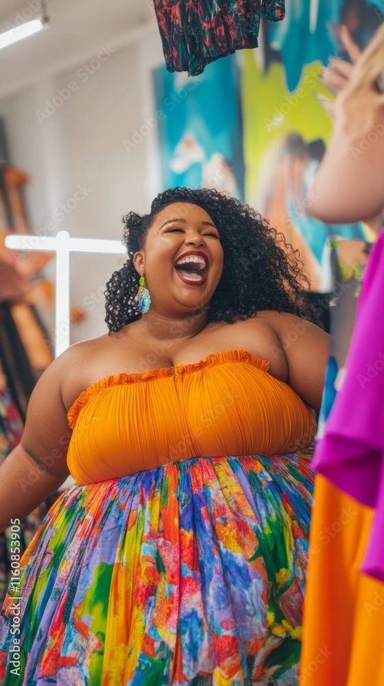 Ilustración de Stock Plus size women trying on vibrant outfits at a ...