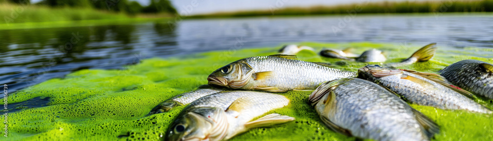 Climate change ecosystem global crisis. Dead fish on algae-covered ...