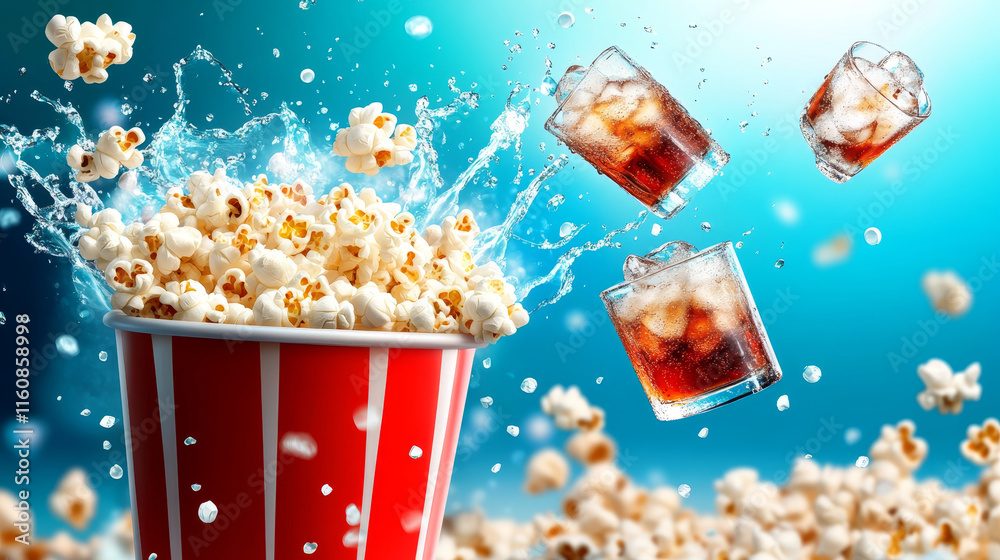 Movie cinema popcorn bucket and cola drink cup with splash, realistic ...