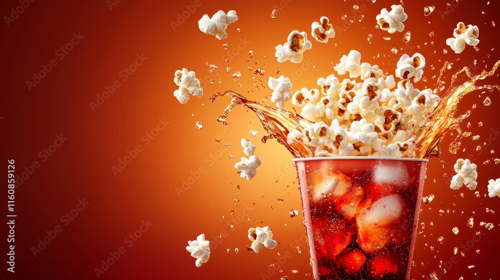 Movie cinema popcorn bucket and cola drink cup with splash, realistic ...