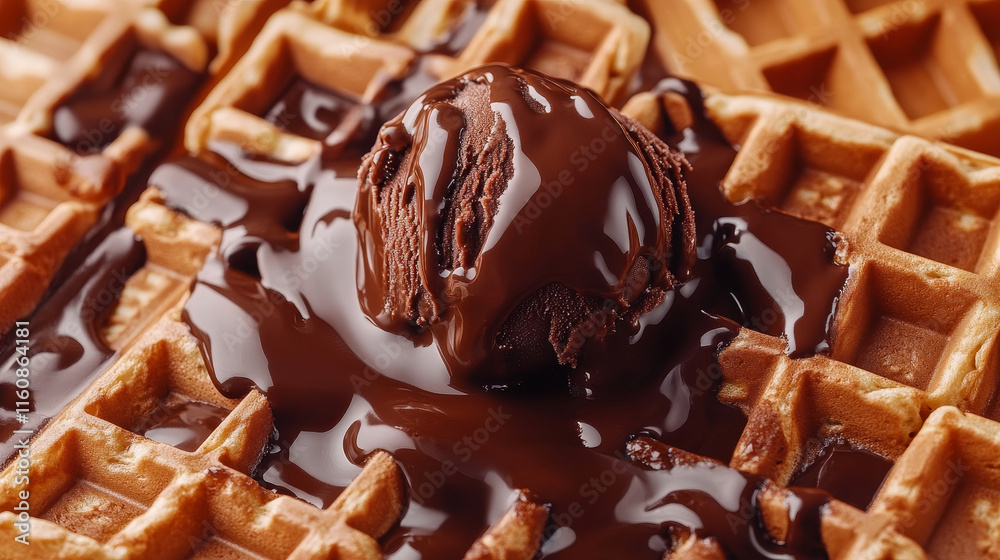 Chocolate ice cream flowing over waffle texture background with text ...