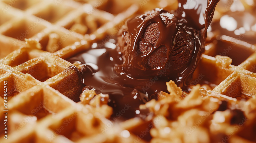 Chocolate ice cream flowing over waffle texture background with text ...