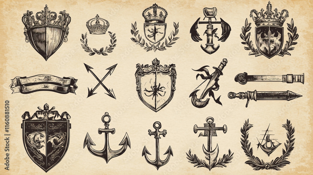Vintage Medieval heraldic elements and royal marine heraldry, vector ...