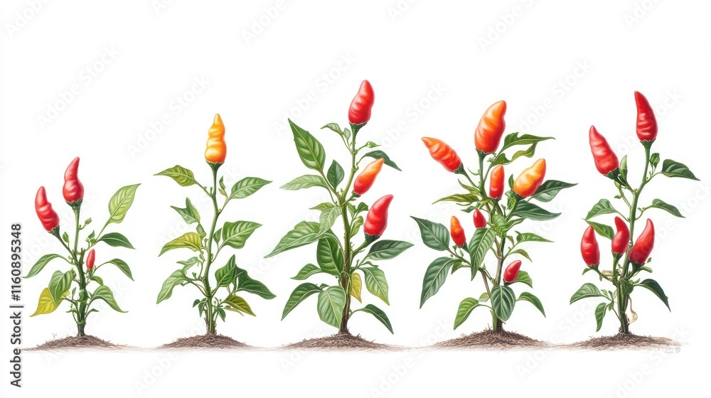Chili pepper plants growth stages, from seedling to mature plant with ripe red and orange chili ...