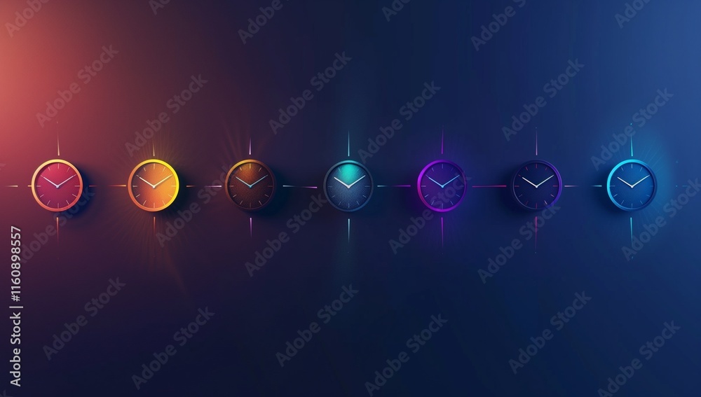 Dark background, seven clocks of different sizes and colors in the ...