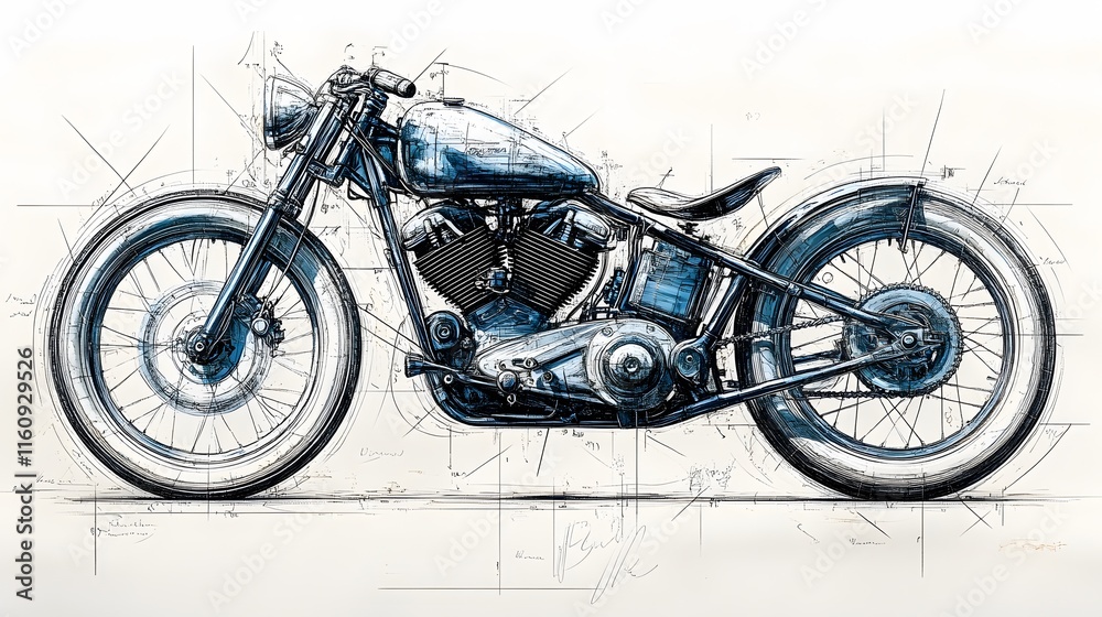 Vintage-style motorcycle technical blueprint with detailed engineering ...