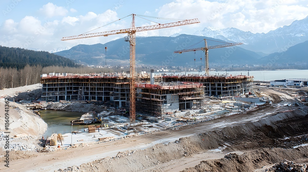 Impressive construction site with towering cranes and extensive ...
