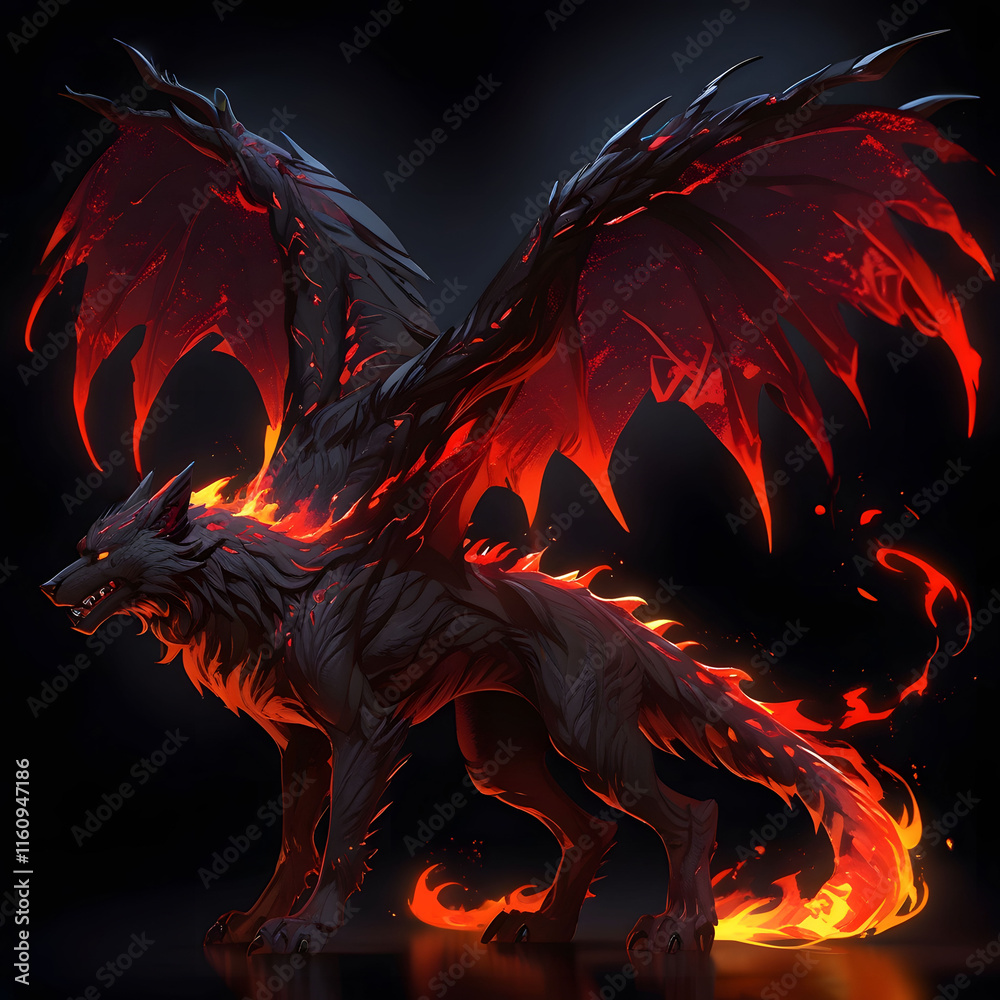 Mythical fire-breathing wolf creature enchanted forest digital art ...