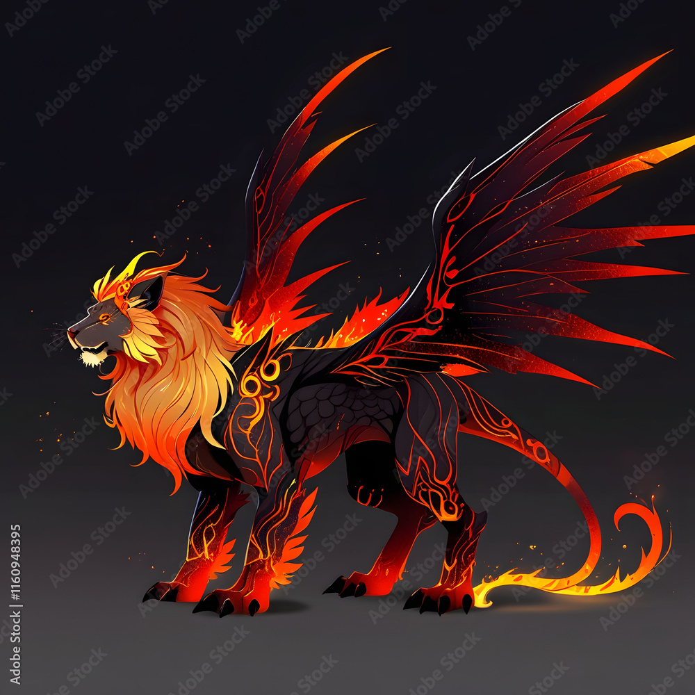 Mythical creature battle fire-winged lion hybrid fantasy realm digital ...
