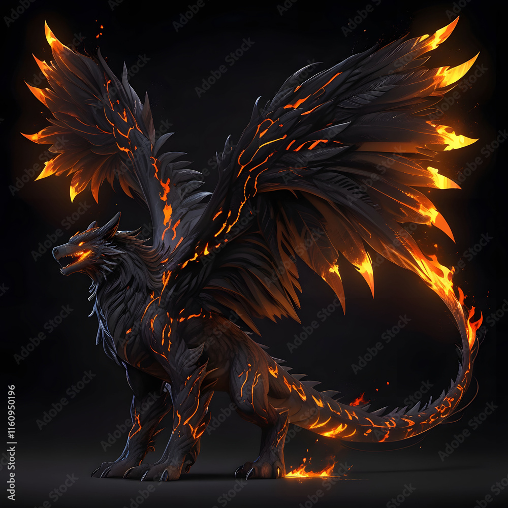 Epic fire-winged creature soars fantasy realm 3d art dark environment ...