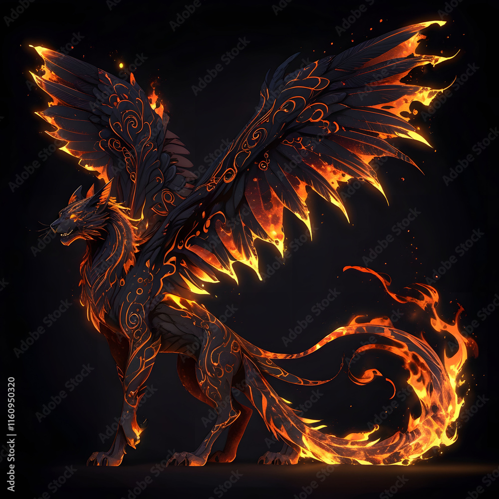 Mythical winged beast roars in fiery display fantasy realm digital art ...