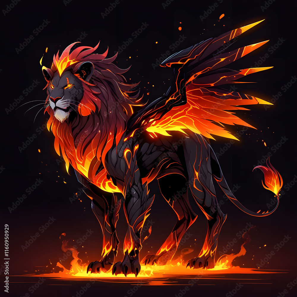 Mythical lion with fiery wings roams in a dark fantasy setting digital ...