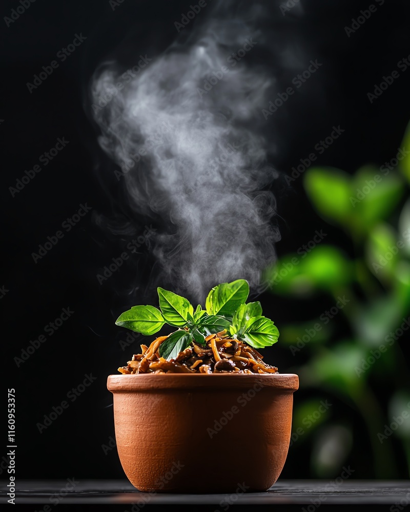 Malaysian mushroom rendang in a clay pot, tropical rainforest and ...