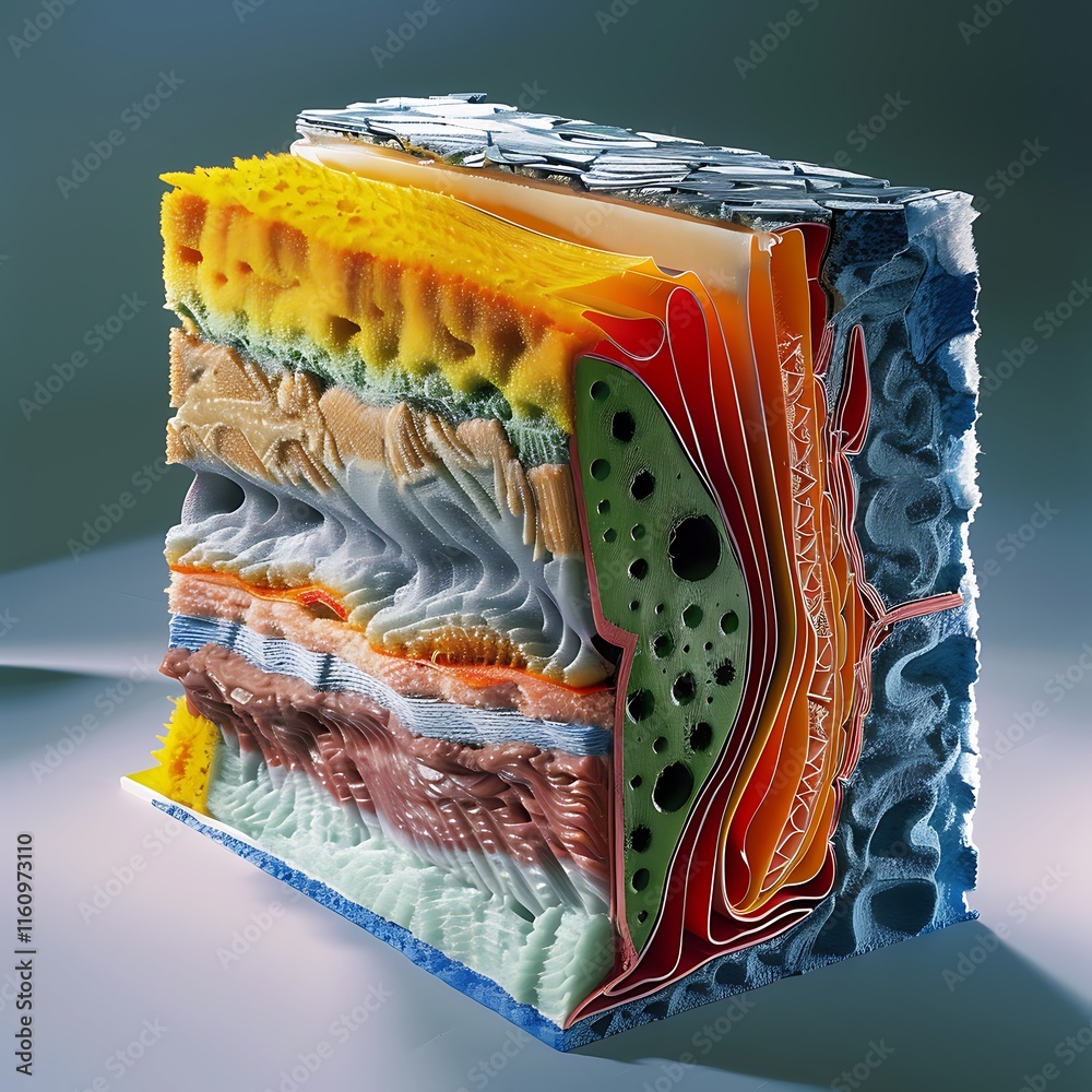 Abstract layered structure with various colors and textures, revealing ...