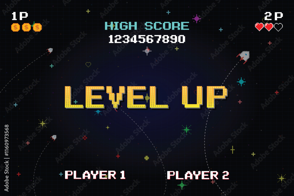 LEVEL UP. pixel art .8-bit game. Retro Futurism Sci-Fi Background ...