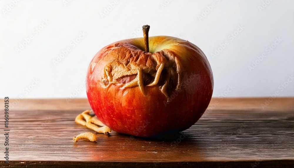 rotten apple on table with worms on it on white background, rotting an ...