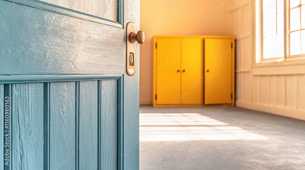 Child peeking through open door into sunny room home interior Stock ...