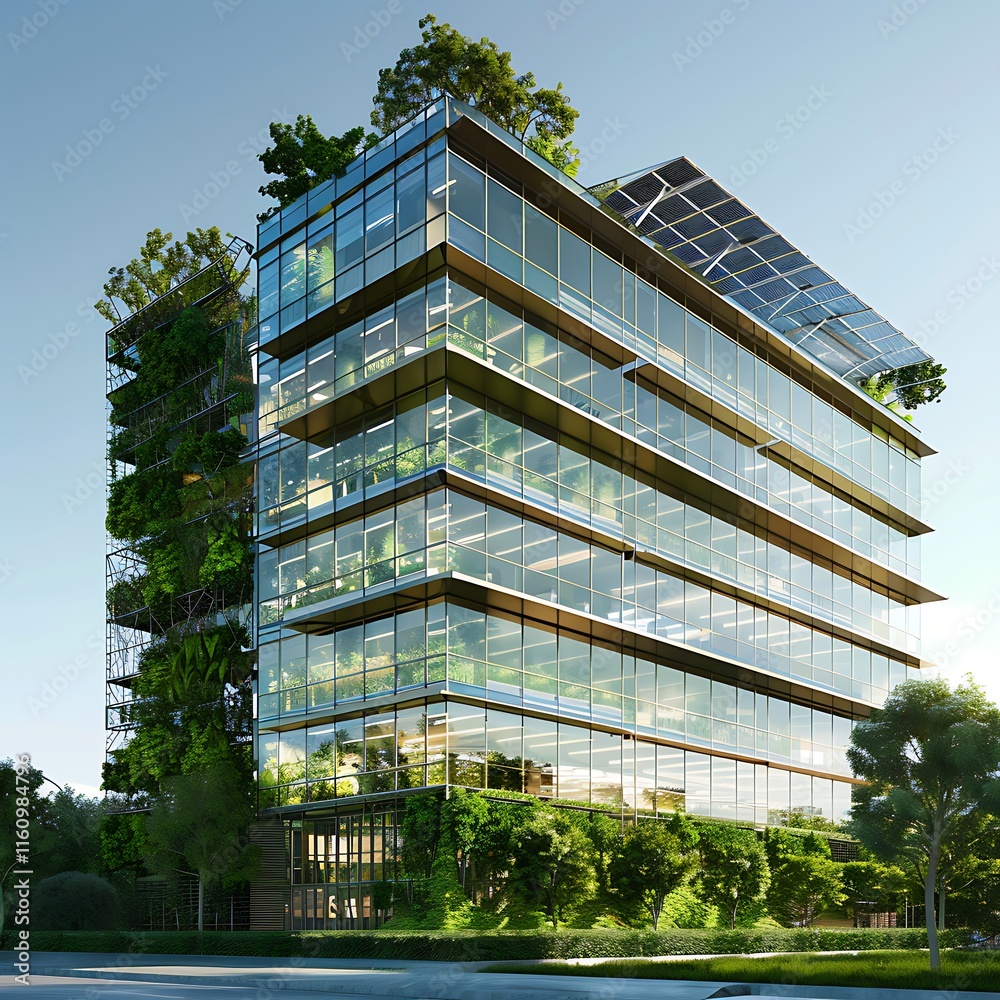 Modern green building with integrated vegetation and solar panels ...