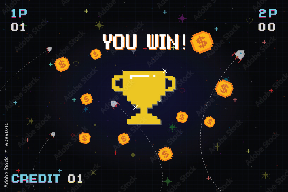 8-bit pixel art with text "You Win" and a big golden cup and gold coin ...