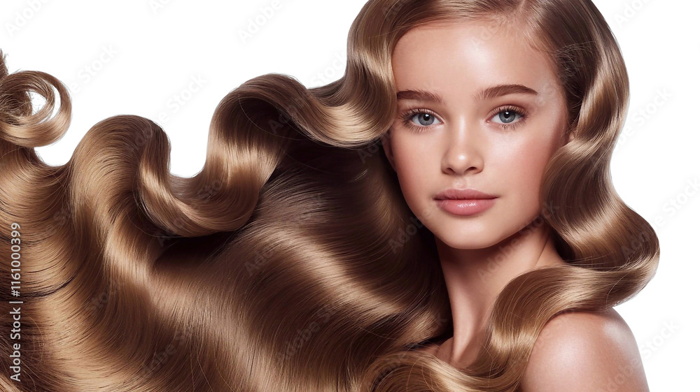 Portrait of model girl with long curly shiny blond smooth healthy hair ...