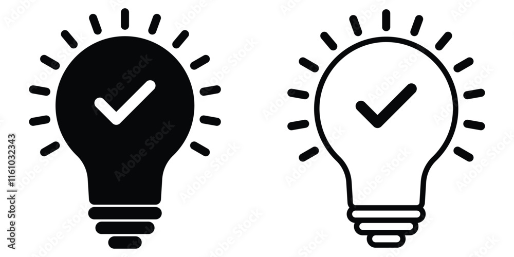 Vector de Stock Light bulb with check mark icon set. Tick on black light bulb. Lightbulb check ...