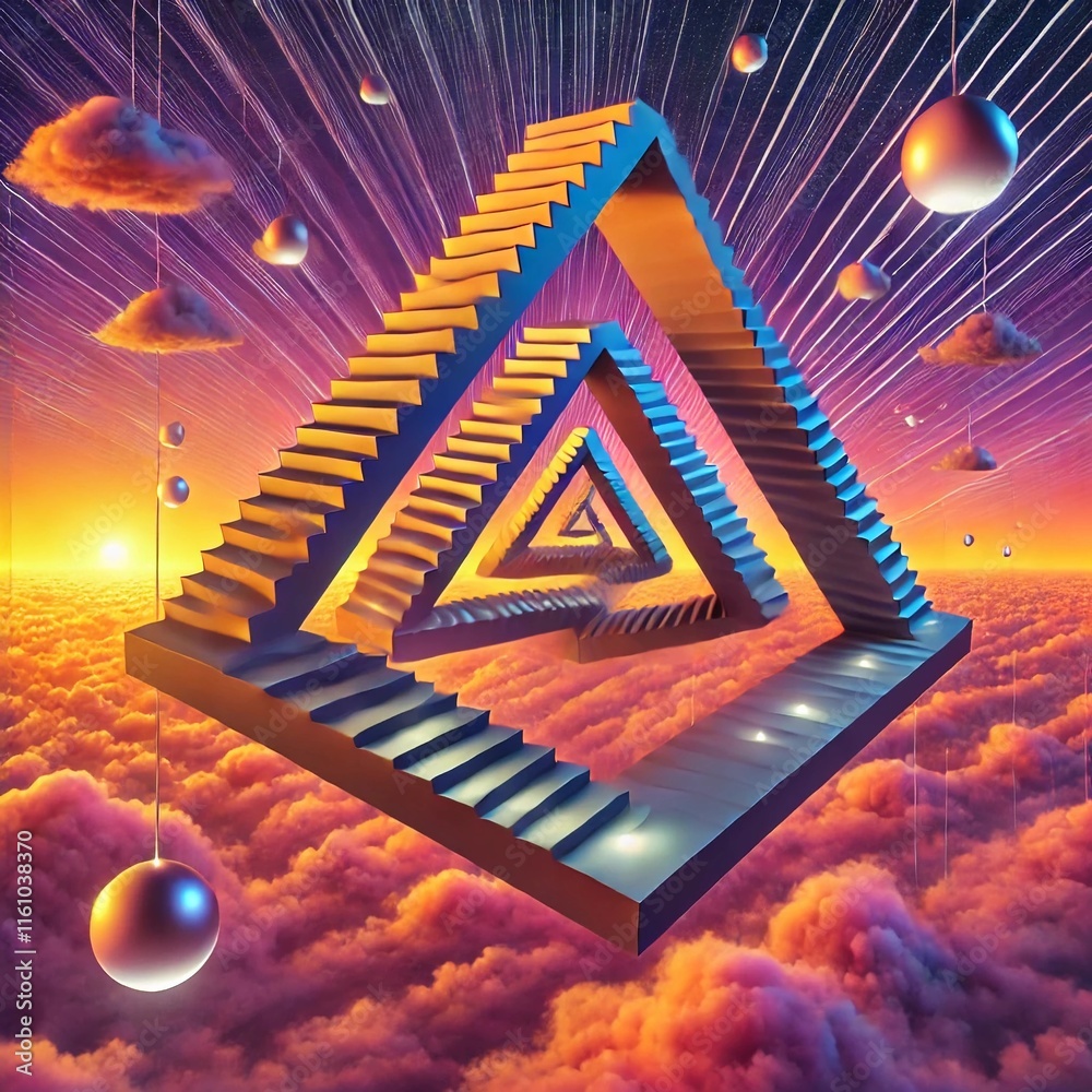 A surreal optical illusion featuring a floating, impossible triangle ...