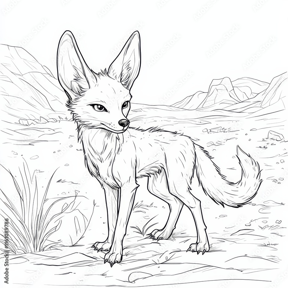 Fennec Fox in the Desert: A captivating line drawing of a fennec fox ...